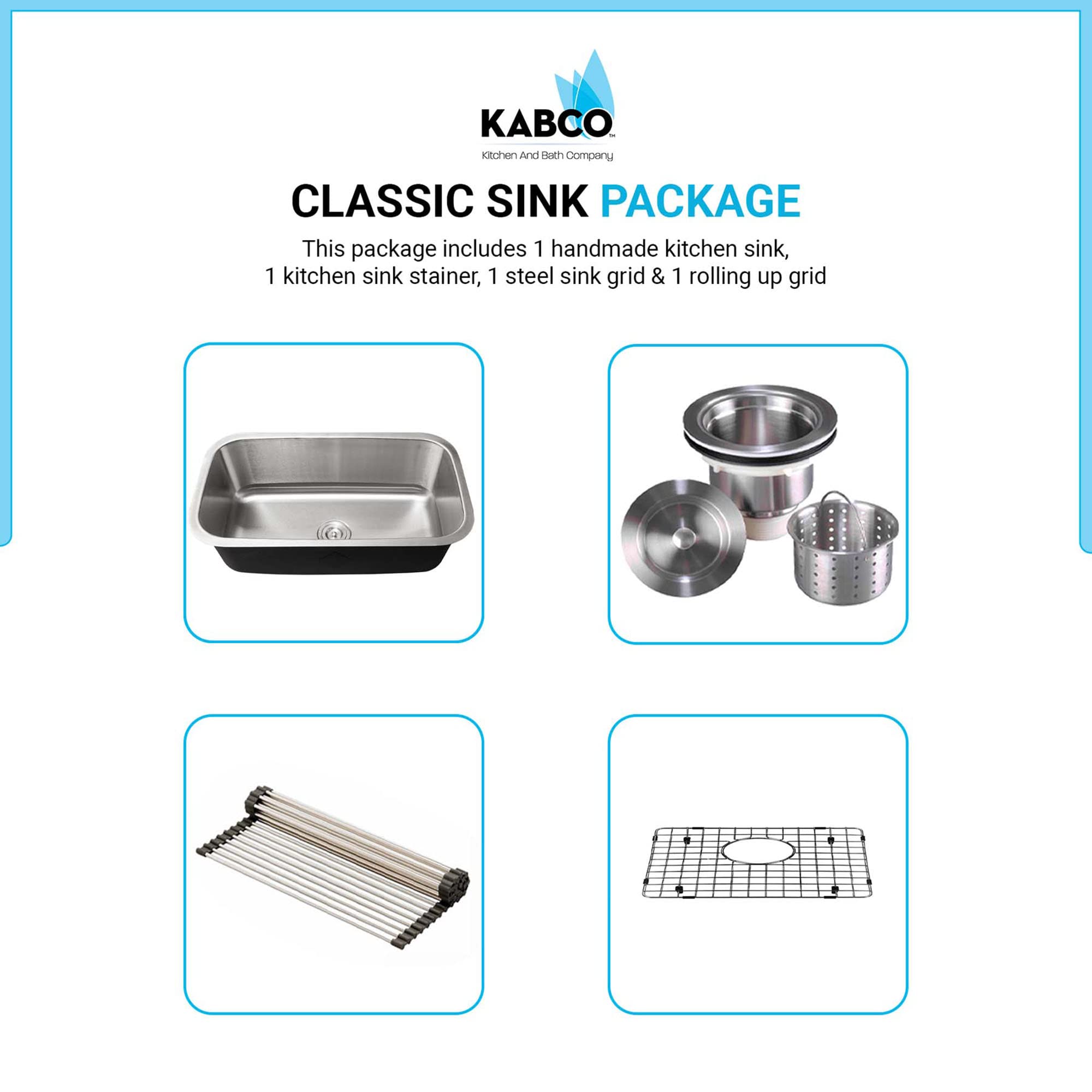 KABCO US607SSGR 30 Inch Stainless Steel Single Bowl Classic Kitchen Sink, Extra Thick 16 Gauge Undermount Rust, Sound and Heatproof Sink with Sink Strainer, Sink Grid and Rolling Up Grid