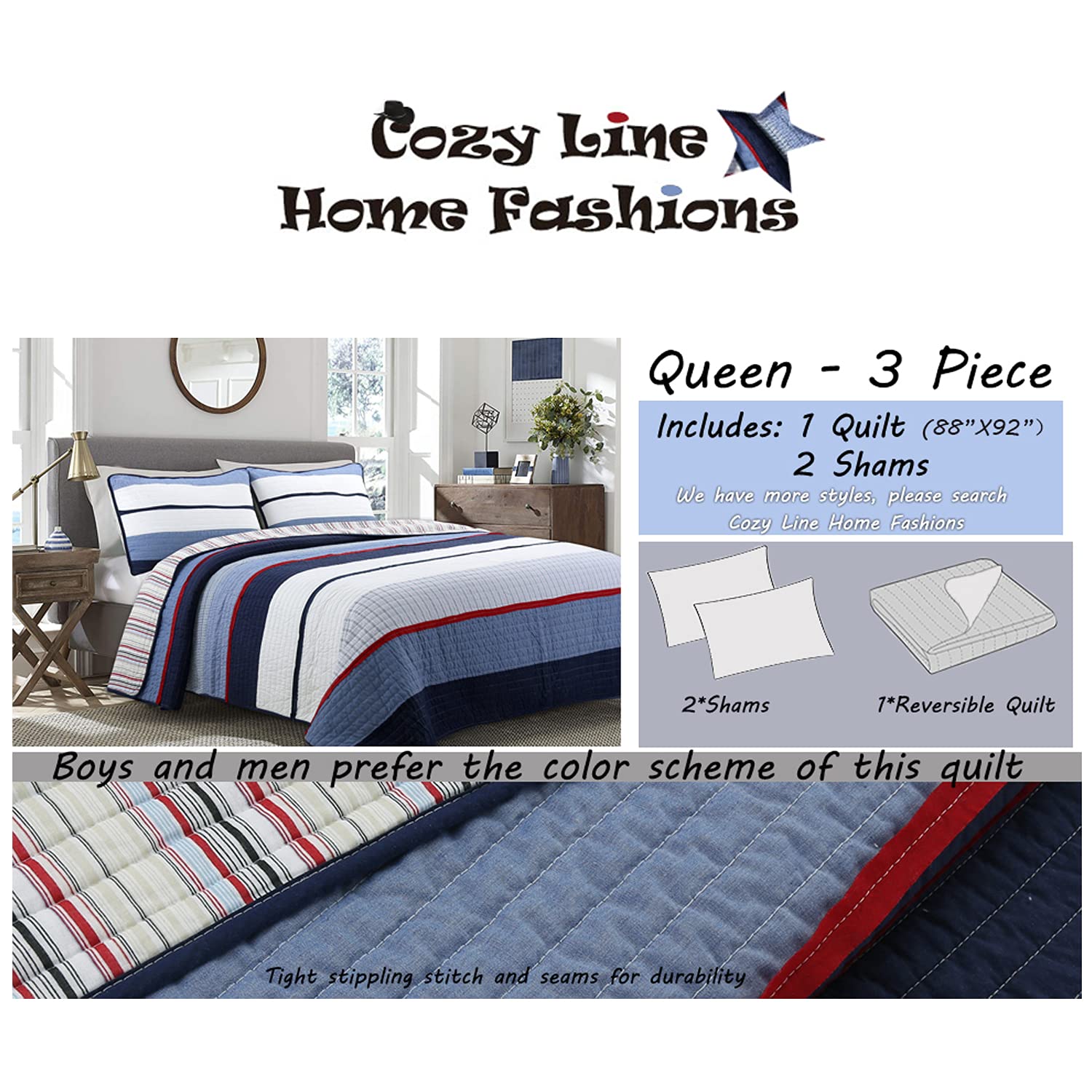 Cozy Line Home Fashions Navy Blue Red Striped Boy 100% Cotton Reversible Quilt Bedding Set, Coverlet, Bedspread (Harlan, Queen - 3 Piece)