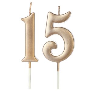 champagne gold 15th birthday candles for cake, number 15 1 5 glitter candle party anniversary cakes decoration for kids women or men