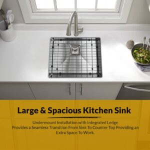 Strictly Sinks 23 Inch Undermount Kitchen Sink – Silver Single Bowl 16 Gauge Stainless Steel Bar Prep Kitchen Sink Stain Resistant – With 1 Square Disposal Adapter, 1 Strainer Drain & Bottom Grid