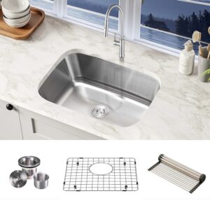 kabco us607ssgr 30 inch stainless steel single bowl classic kitchen sink, extra thick 16 gauge undermount rust, sound and heatproof sink with sink strainer, sink grid and rolling up grid