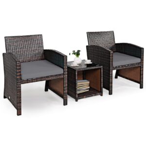 tangkula 3-piece outdoor pe rattan furniture set, patio conversation set w/chair & storage coffee table, detachable cushion, stable x-shaped frame, perfect for garden, backyard, poolside (grey)