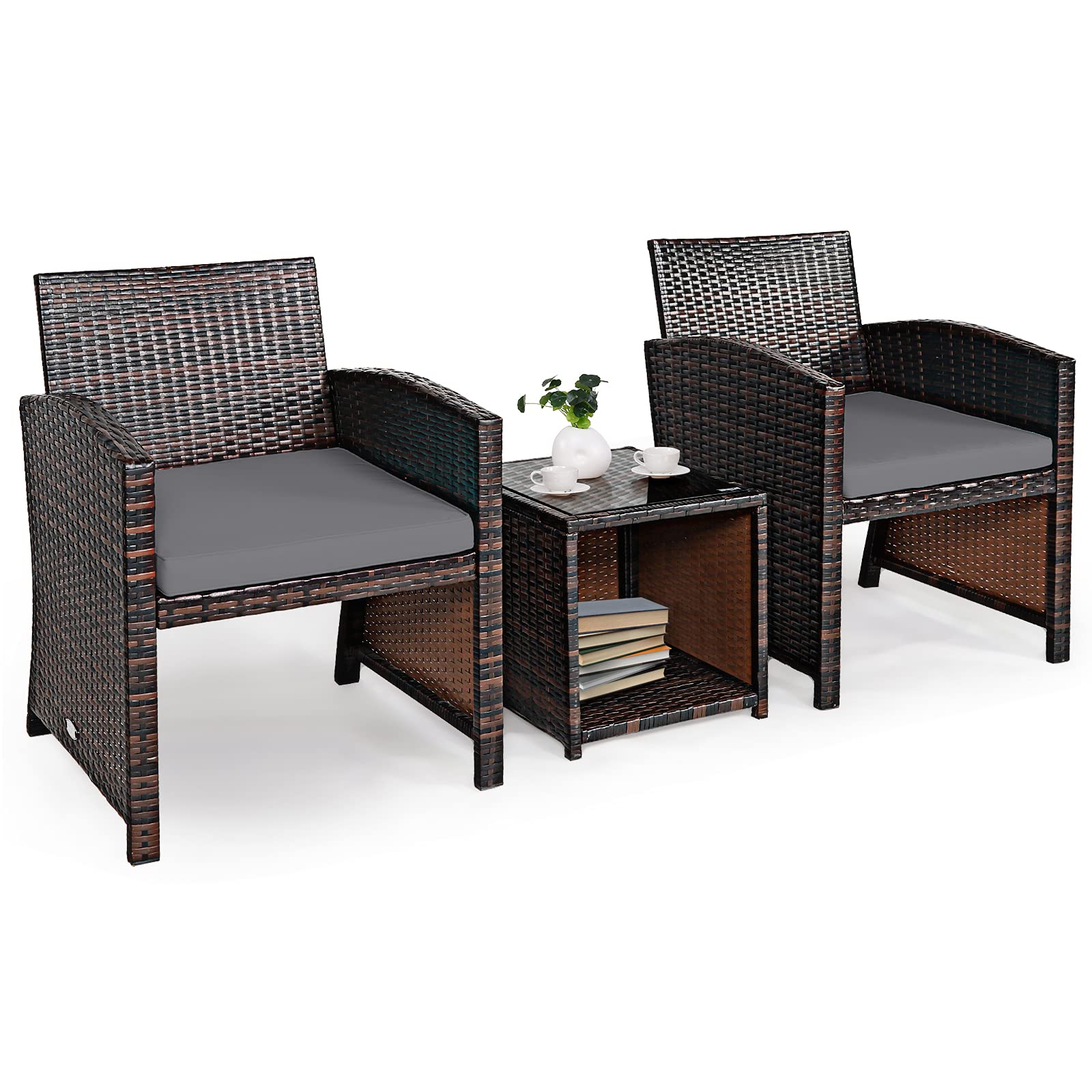 Tangkula 3-Piece Outdoor PE Rattan Furniture Set, Patio Conversation Set w/Chair & Storage Coffee Table, Detachable Cushion, Stable X-Shaped Frame, Perfect for Garden, Backyard, Poolside (Grey)