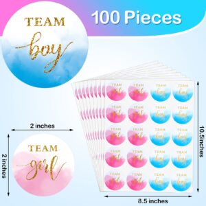 Lincia 100 Pieces Gold Watercolor Gender Reveal Stickers 2 Inches Gold Glitter Team Boy Team Girl Labels Pink and Blue Stickers for Gender Reveal Parties, Baby Showers, Party Invitations