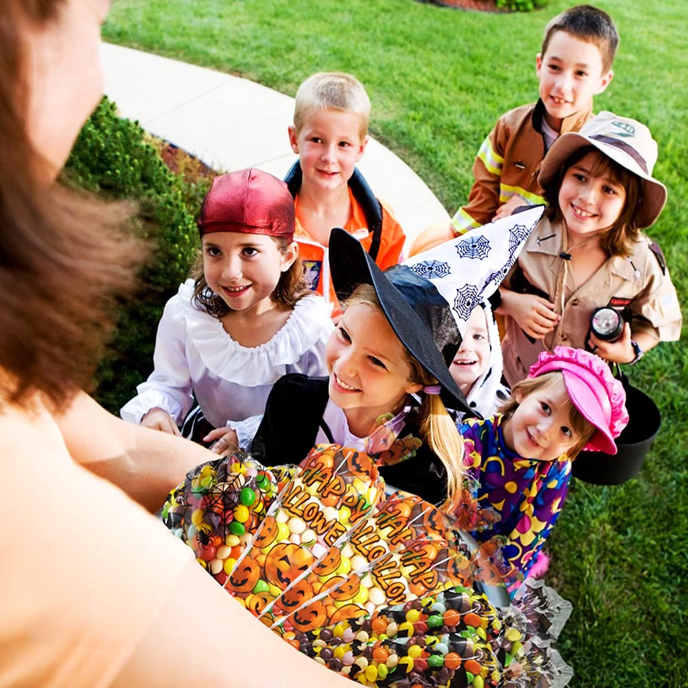 Halloween Bags for Candy 150Pc Cellophane Cone Treat Bags with Twist Tie (Bat Spider Web Pumpkin Candy Cone Bags)