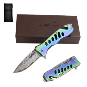 albatross edc cool tactical folding pocket knife with modern damascus steel blade, speedsafe spring assisted opening knifes with liner lock,pocketclip,glass breaker,seatbelt cutter, gifts box (multi)