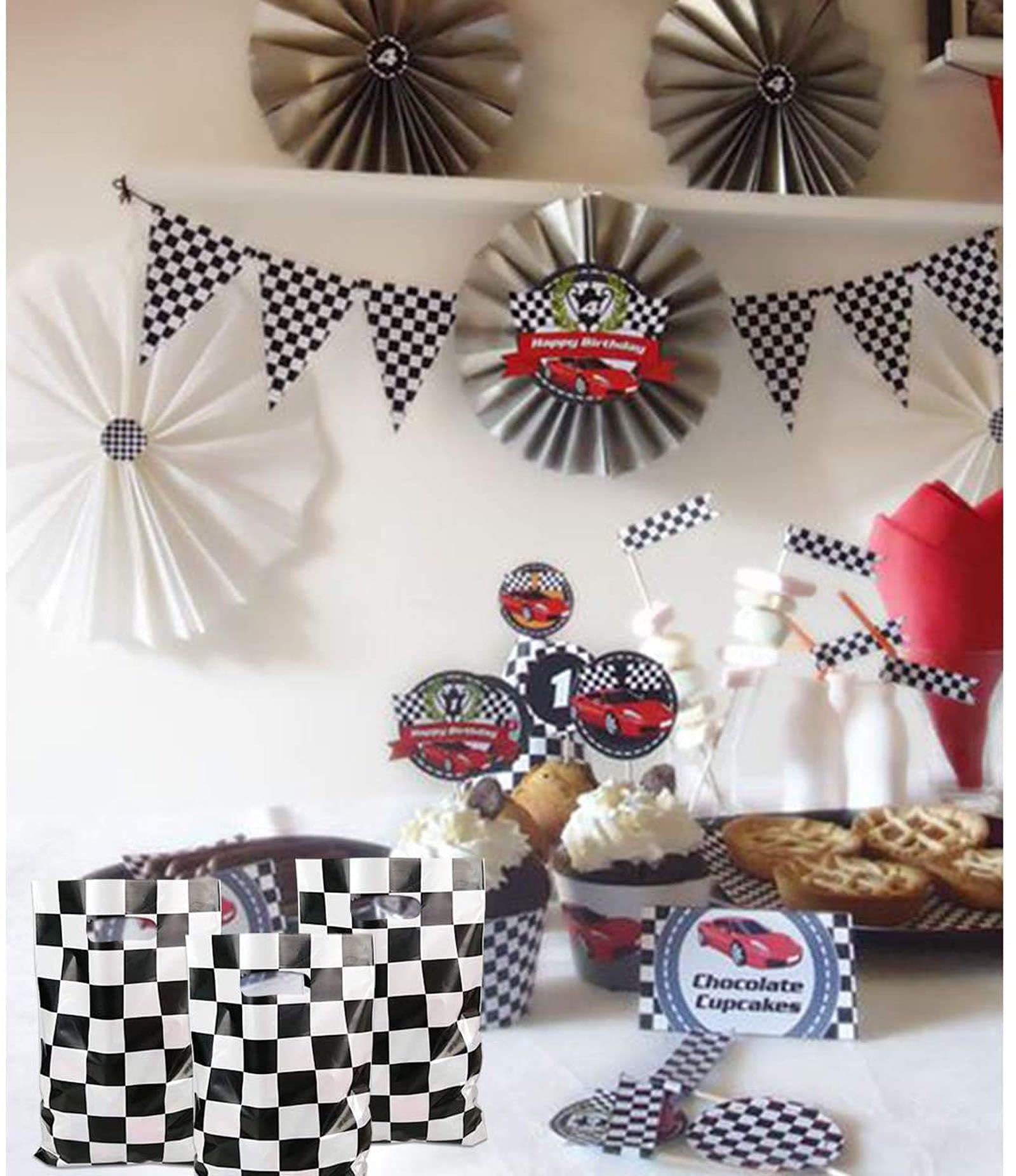 LYT 30 PCS Black and White Checkered Racecar Gift Bags Birthday Party Supplies for Kids Race Car Theme Party Gift Bags