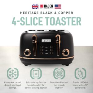 Haden Heritage 4 Slice Wide Slot Stainless Steel Toaster with Adjustable Browning Control & Non-Slip Feet, Black & Copper