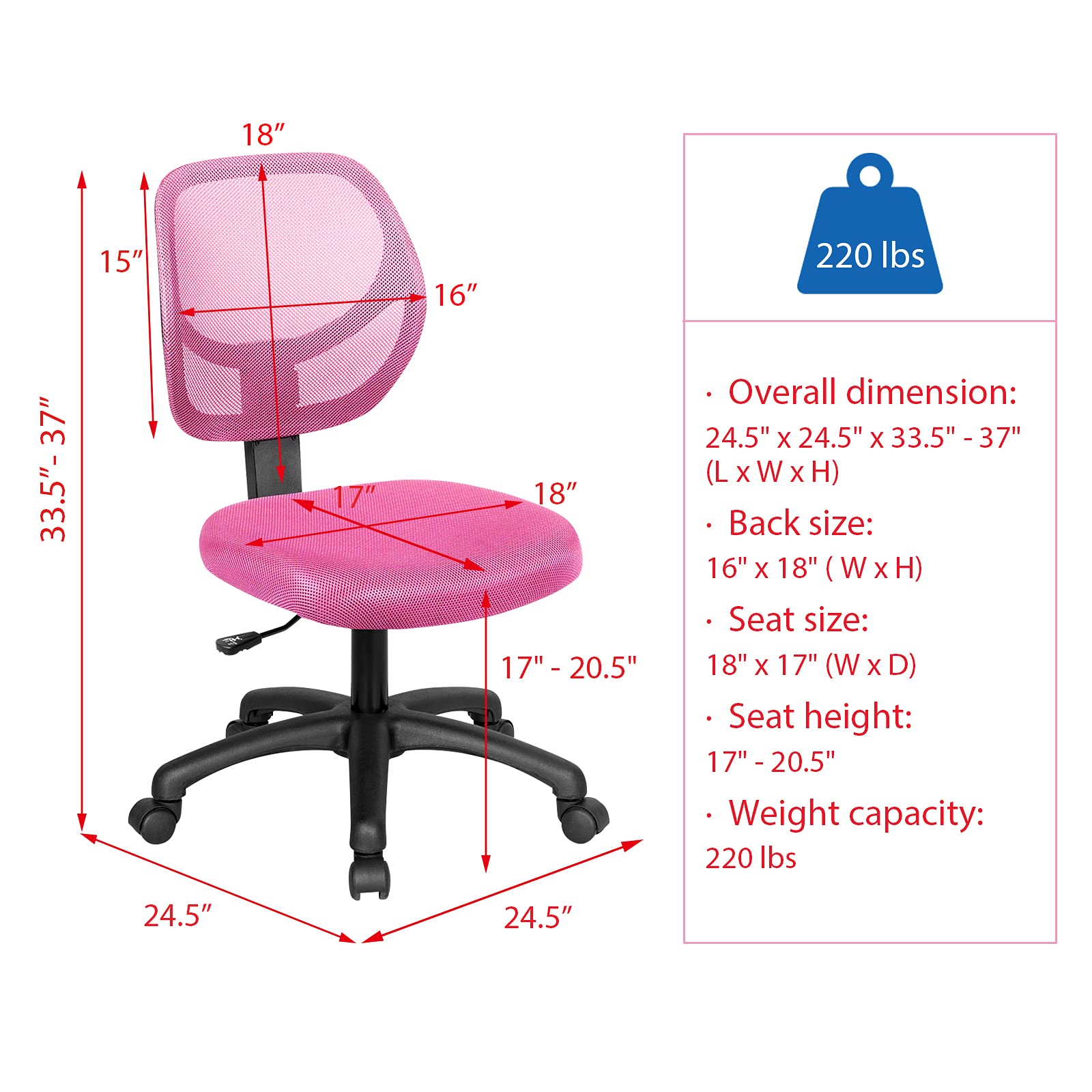 POWERSTONE Small Desk Chair Home Office Chair Armless Adjustable Swivel Ergonomic Office Computer Mesh Chair Low Back Task Chair for Small Spaces Pink