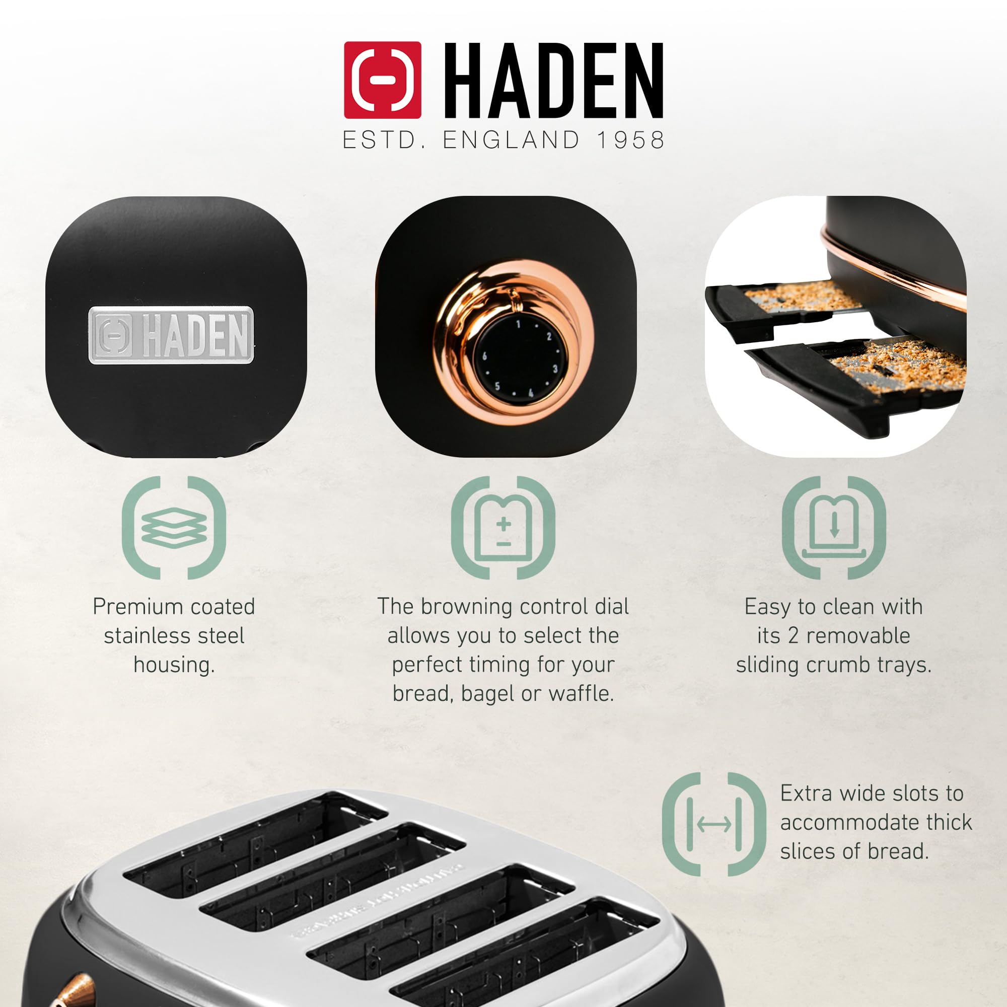 Haden Heritage 4 Slice Wide Slot Stainless Steel Toaster with Adjustable Browning Control & Non-Slip Feet, Black & Copper