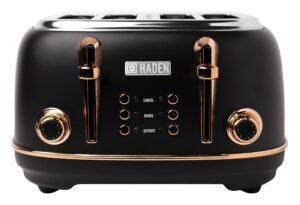 haden heritage 4 slice wide slot stainless steel toaster with adjustable browning control & non-slip feet, black & copper