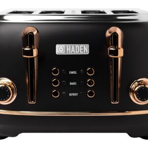 Haden Heritage 4 Slice Wide Slot Stainless Steel Toaster with Adjustable Browning Control & Non-Slip Feet, Black & Copper