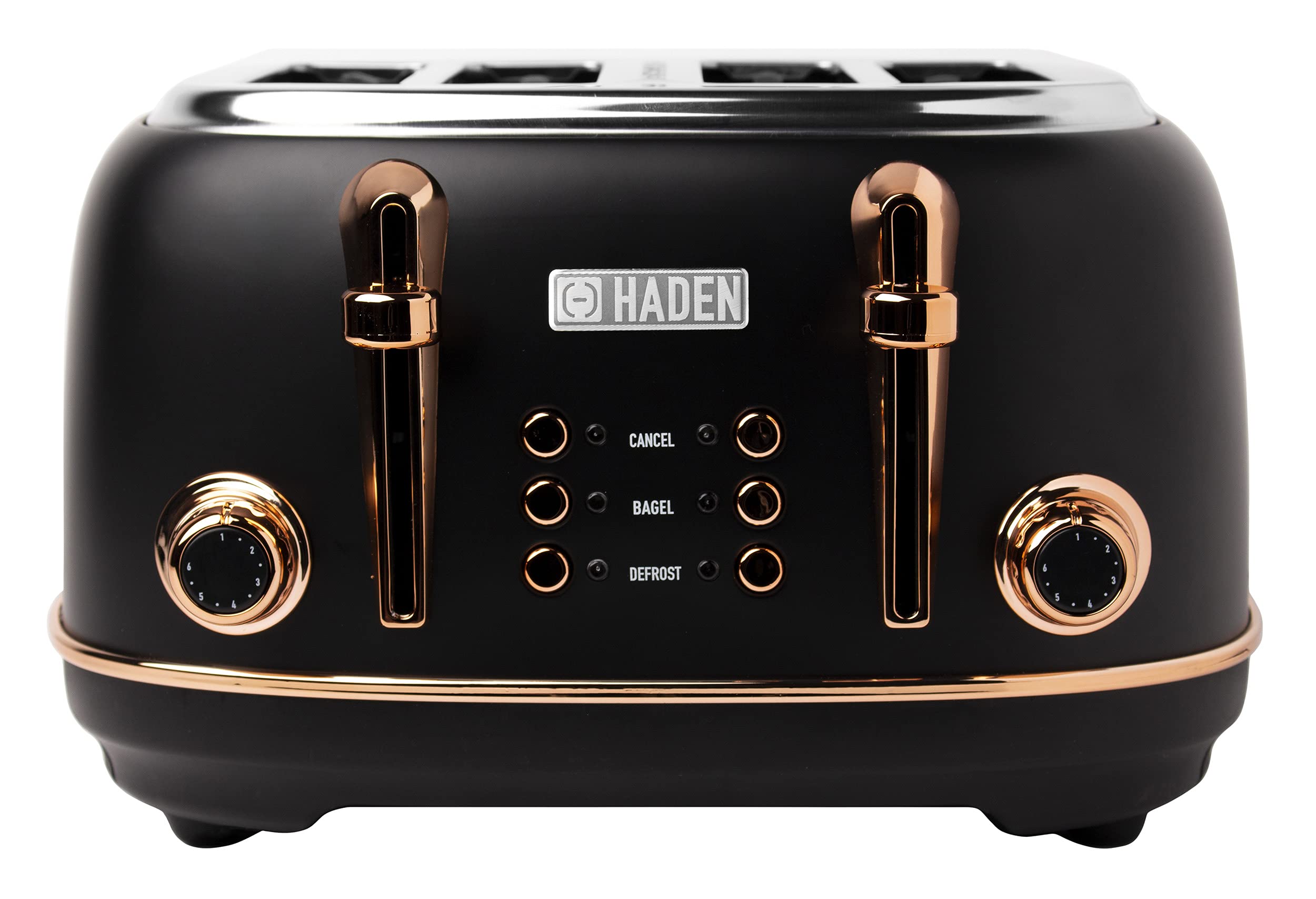 Haden Heritage 4 Slice Wide Slot Stainless Steel Toaster with Adjustable Browning Control & Non-Slip Feet, Black & Copper