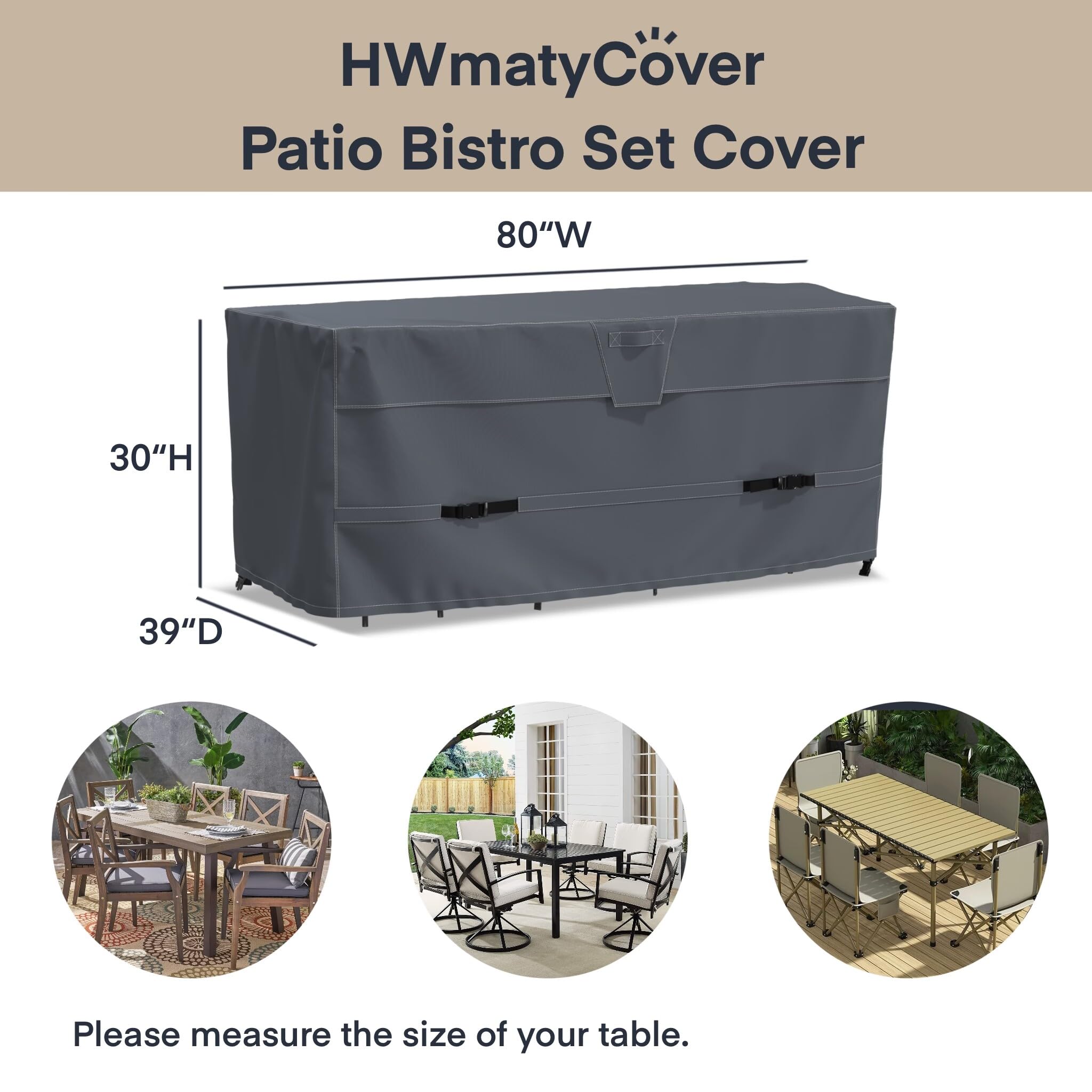 HWmatyCover Patio Bistro Set Cover, Outdoor Bar Set Cover 80 Inch, Heavy Duty Waterproof Patio Bistro Table Cover, All Weather Protection Patio Furniture Cover with Air Vent, 80"W x 39"D x 30"H, Grey