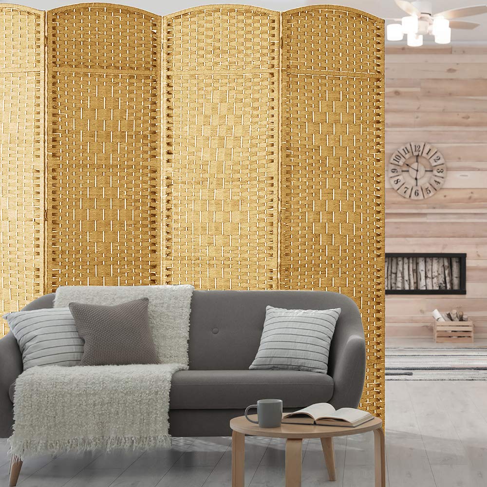 Corelax Room dividers 6 ft. Tall-20 Wide Freestanding Privacy Screen with Diamond Woven Fiber, Foldable Panel Partition Wall Divider, Double-Hinged Room Dividers(Yellow, 6 Panel)