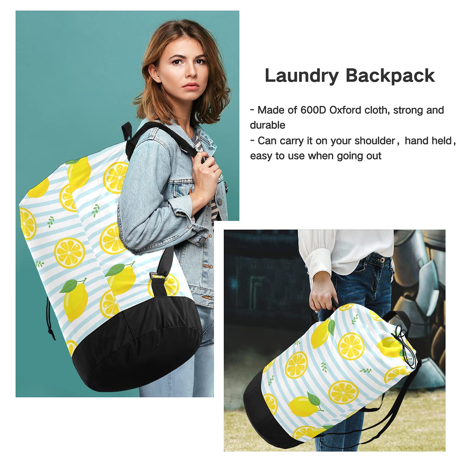 Striped Lemon Laundry Backback Large Heavy Duty Laundry Bag with Shoulder Straps Waterproof Laundry bag for Traveling Camp Dirty Clothes Organizer for College Students