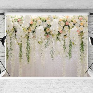 YQ 7x5ft White Rose Floral Photography Backdrops Bridal Shower Wedding Flowers Wall Decoration Photo Background Girl Woman Birthday Party Banner Baby Shower Cake Table Decor Studio Props Booth