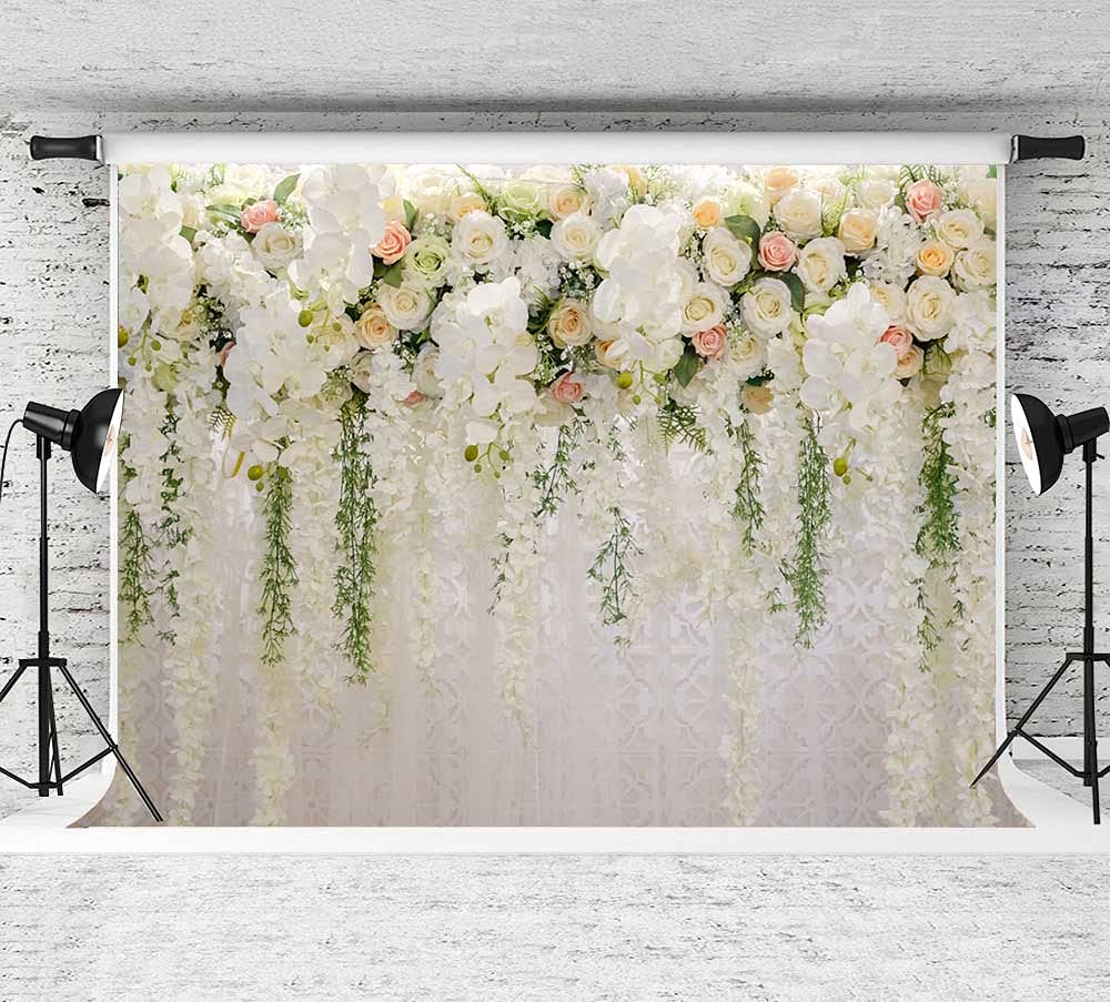 YQ 7x5ft White Rose Floral Photography Backdrops Bridal Shower Wedding Flowers Wall Decoration Photo Background Girl Woman Birthday Party Banner Baby Shower Cake Table Decor Studio Props Booth