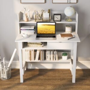 Tangkula White Desk with Hutch, Home Office Writing Study Desk with Storage Bookshelf & Drawer, Modern Makeup Vanity Desk for Bedroom, PC Laptop Desk Computer Desk for Working Studying