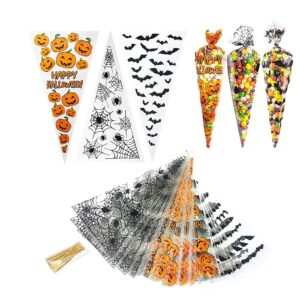 halloween bags for candy 150pc cellophane cone treat bags with twist tie (bat spider web pumpkin candy cone bags)