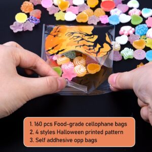 Eunvabir 160 PCS Halloween Cellophane Treat Bags, Halloween Self Adhesive Candy Goodie Cookie Snacks Gift Bags for Halloween Trick or Treat Party Favors/Classroom Prizes