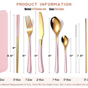 AARAINBOW 7 Pieces Stainless Steel Flatware Set Portable Reusable Cutlery Set Travel Utensils Set Including Chopsticks Knife Fork Spoon Straws Cleaning Brush Dishwasher Safe (7 Pink Golden)