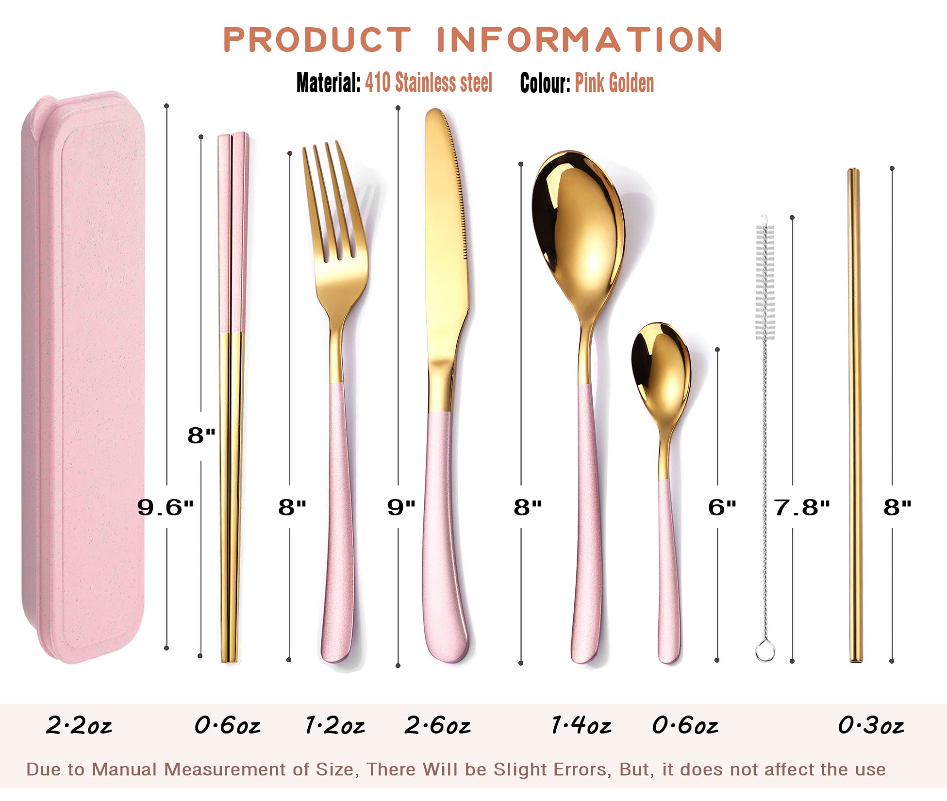 AARAINBOW 7 Pieces Stainless Steel Flatware Set Portable Reusable Cutlery Set Travel Utensils Set Including Chopsticks Knife Fork Spoon Straws Cleaning Brush Dishwasher Safe (7 Pink Golden)