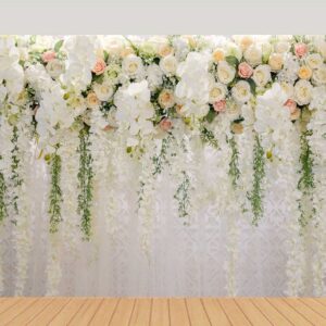 YQ 7x5ft White Rose Floral Photography Backdrops Bridal Shower Wedding Flowers Wall Decoration Photo Background Girl Woman Birthday Party Banner Baby Shower Cake Table Decor Studio Props Booth