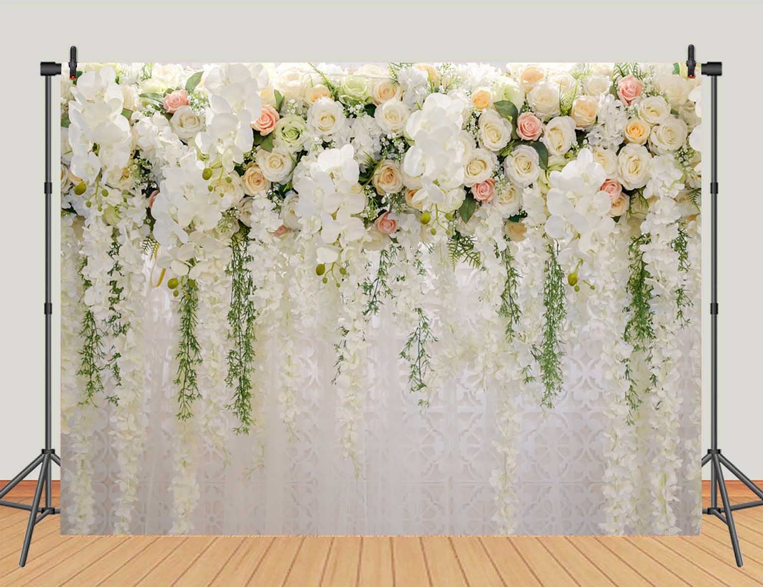 YQ 7x5ft White Rose Floral Photography Backdrops Bridal Shower Wedding Flowers Wall Decoration Photo Background Girl Woman Birthday Party Banner Baby Shower Cake Table Decor Studio Props Booth