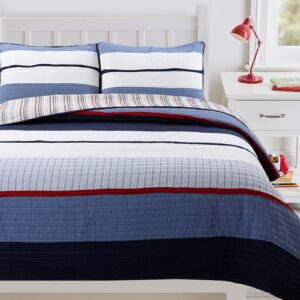 Cozy Line Home Fashions Navy Blue Red Striped Boy 100% Cotton Reversible Quilt Bedding Set, Coverlet, Bedspread (Harlan, Queen - 3 Piece)