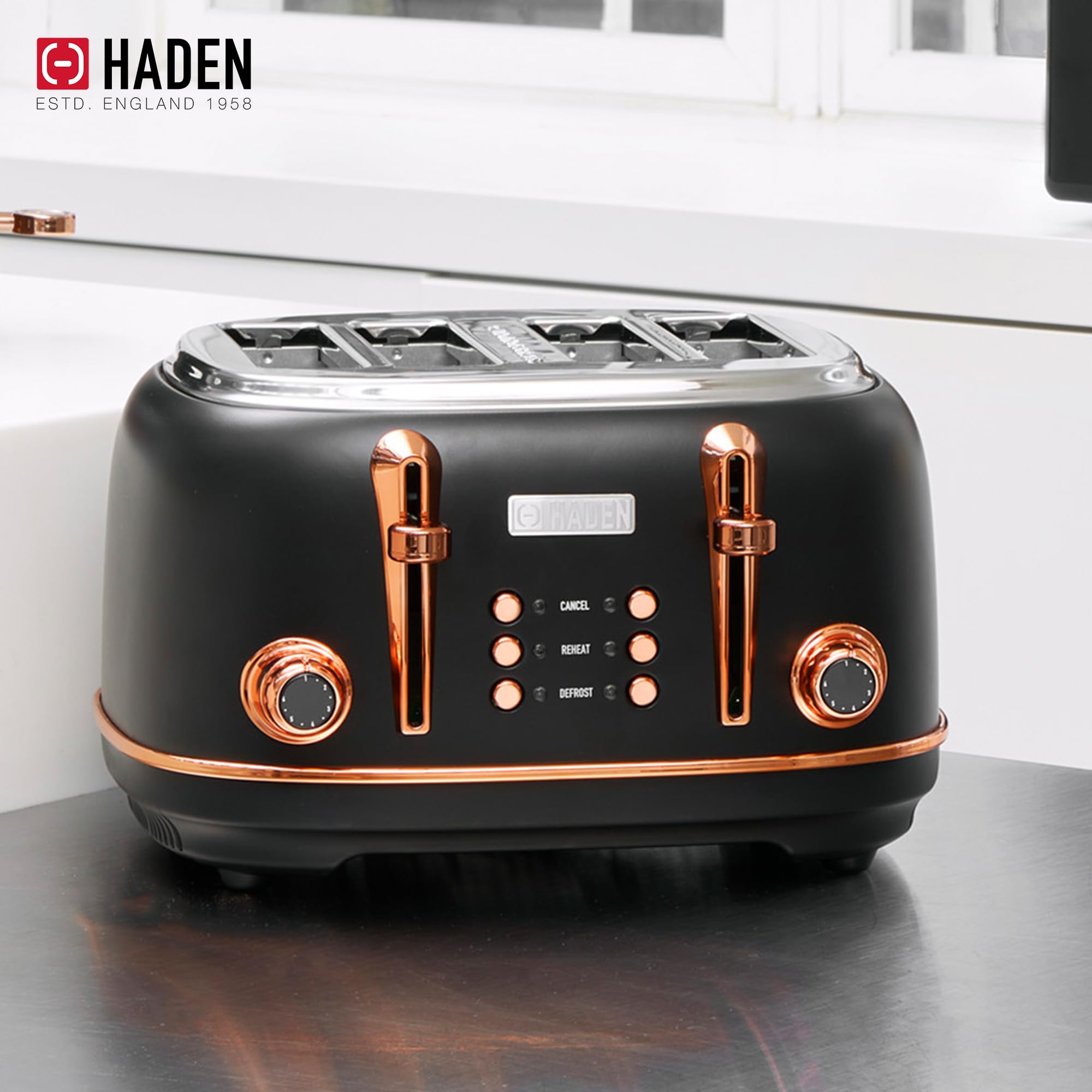 Haden Heritage 4 Slice Wide Slot Stainless Steel Toaster with Adjustable Browning Control & Non-Slip Feet, Black & Copper