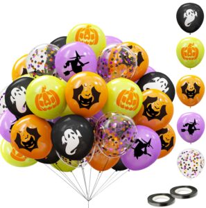 60pcs halloween party balloons 12 inch latex black orange purple green balloons printed ghost pumpkin witch bat confetti balloons for halloween party decorations supplies