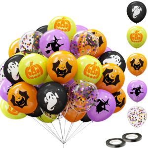 60pcs Halloween Party Balloons 12 Inch Latex Black Orange Purple Green Balloons Printed Ghost Pumpkin Witch Bat Confetti Balloons for Halloween Party Decorations Supplies