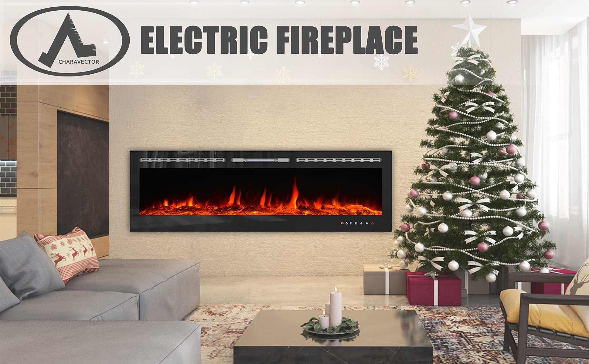 CharaVector Electric Fireplaces Recessed Wall Mounted Fireplace Insert 70 Inch Wide Heater LED Fire Place Remote Control & Touch Screen