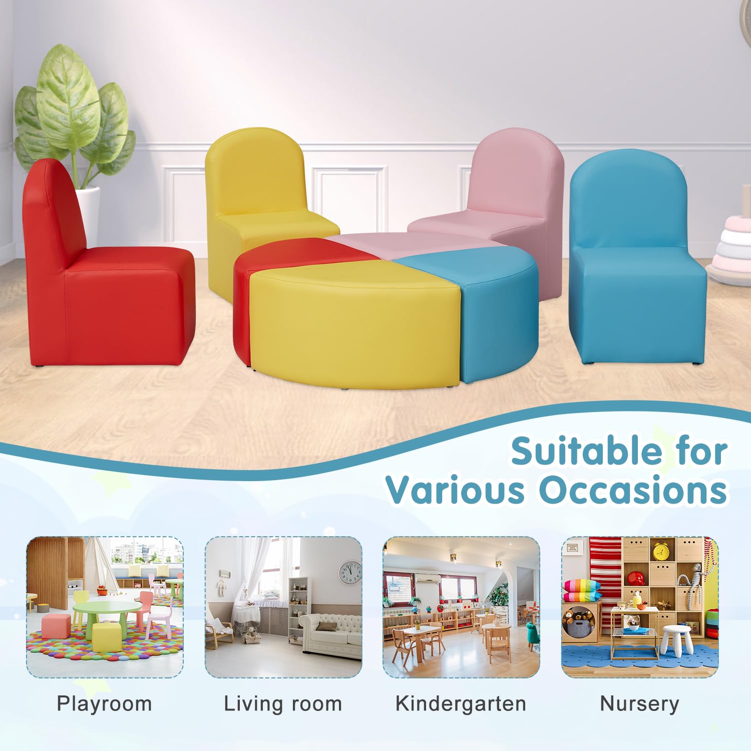 KINBOR BABY Kids Modular Flexible Seating Set Children's Area Sofa Soft Stool Cartoon Leather Chair for Toddlers Soft Foam Play 8 PCs Kids sectional Sofa Chair for Classroom Kindergarten Library