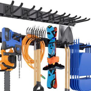 incly garage organization, 48 inch garden tool organizer wall mount load 360lbs, heavy duty garage storage rack with 3 rails and 6 adjustable hooks for hanging yard tool, shovels, rakes, chairs