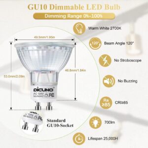 DiCUNO GU10 LED Bulb Dimmable, Warm White 2700K, 60W Equivalent, High Brightness 700LM, MR16 GU10 LED Bulb for Track Lighting, 6W Light Bulb with 120° Beam for Kitchen, Range Hood, Pack of 6