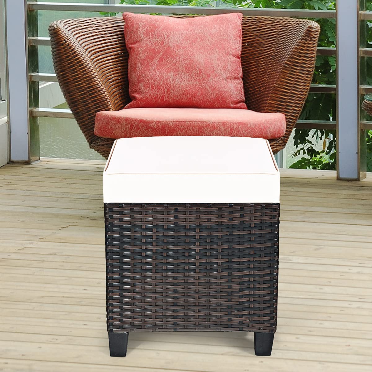 BETTARY 2PCS Patio Outdoor Ottomans, Rattan Wicker Ottoman Seat w/Removable Cushions, Rattan Footstool Footrest Seat Set, Patio Wicker Furniture Small Chair for Home,Patio, Garden, Backyard (Cream)