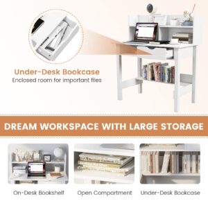 Tangkula White Desk with Hutch, Home Office Writing Study Desk with Storage Bookshelf & Drawer, Modern Makeup Vanity Desk for Bedroom, PC Laptop Desk Computer Desk for Working Studying