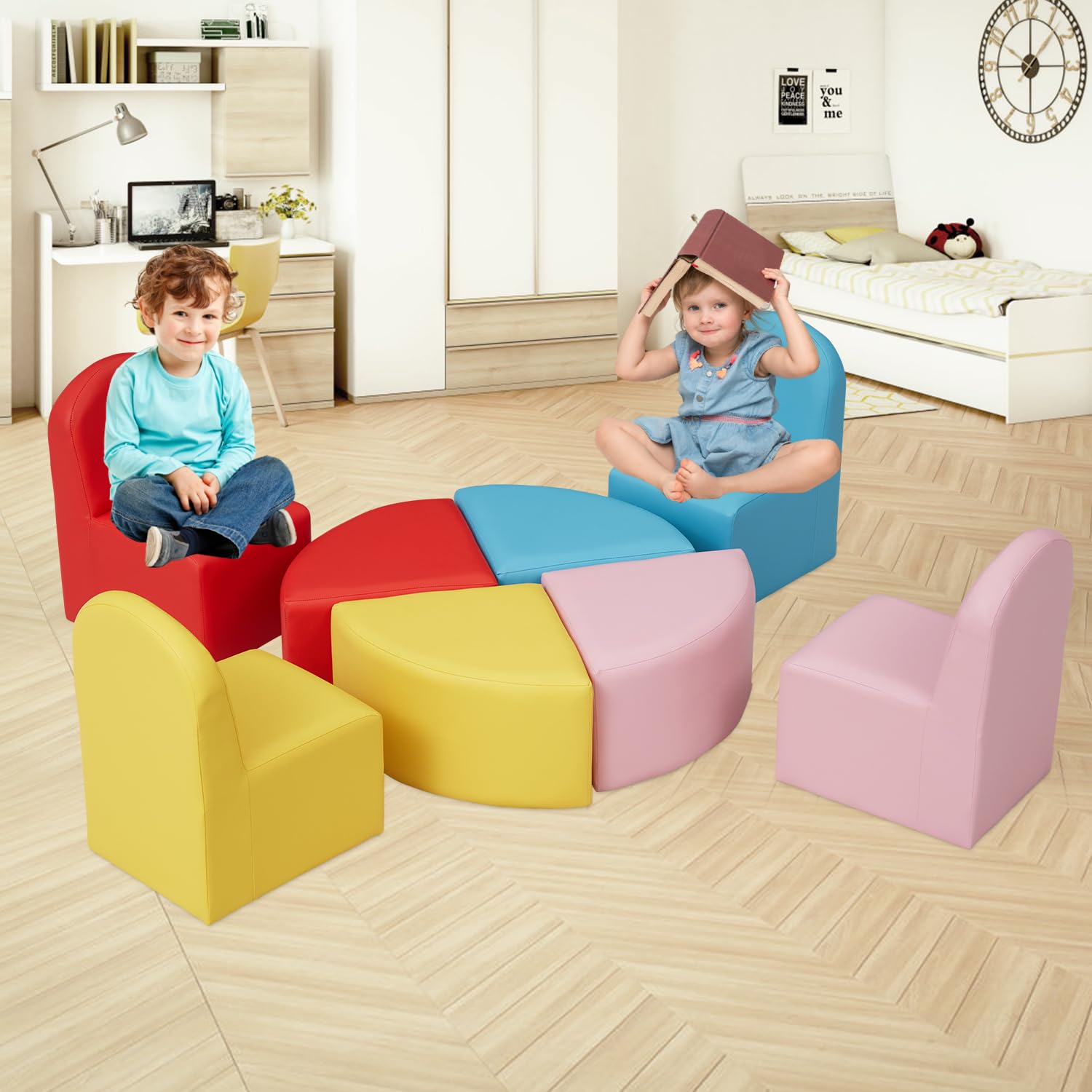 KINBOR BABY Kids Modular Flexible Seating Set Children's Area Sofa Soft Stool Cartoon Leather Chair for Toddlers Soft Foam Play 8 PCs Kids sectional Sofa Chair for Classroom Kindergarten Library