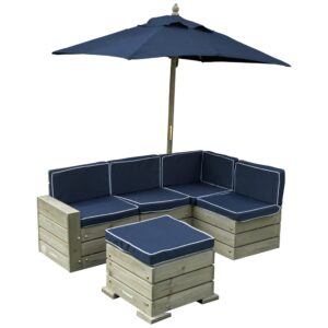 kidkraft wooden outdoor sectional ottoman & umbrella set with cushions, patio furniture for kids or pets, barnwood gray & navy