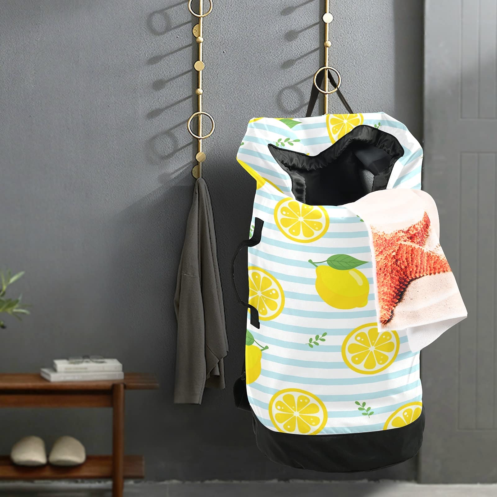 Striped Lemon Laundry Backback Large Heavy Duty Laundry Bag with Shoulder Straps Waterproof Laundry bag for Traveling Camp Dirty Clothes Organizer for College Students