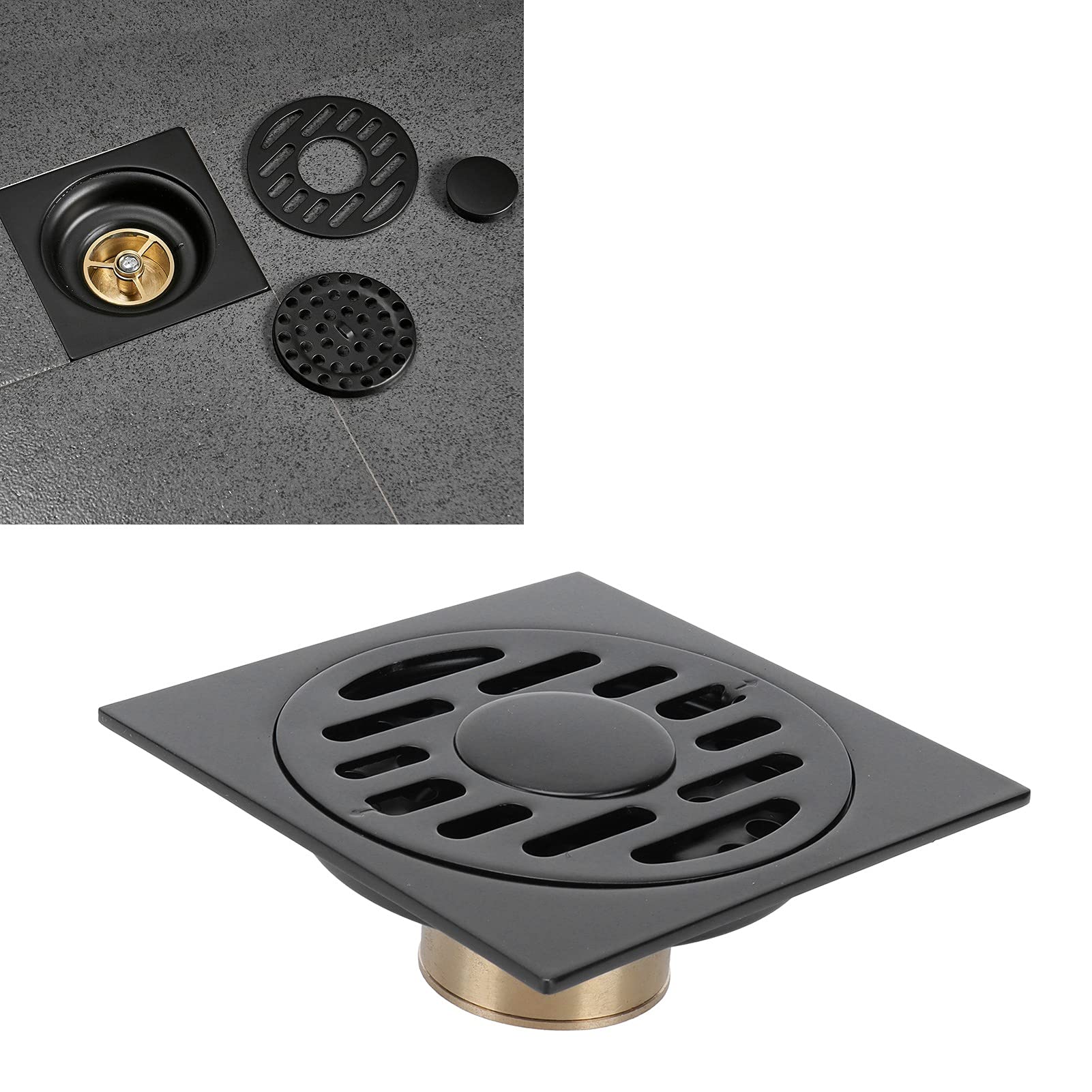 Black Floor Drain Concealed, Bathroom Sink & Bathtub Accessories Drain Strainers Shower Drain Set Square Drain Strainer Part with Removable Cover for Bathroom Kitchen 10x10x0.3cm