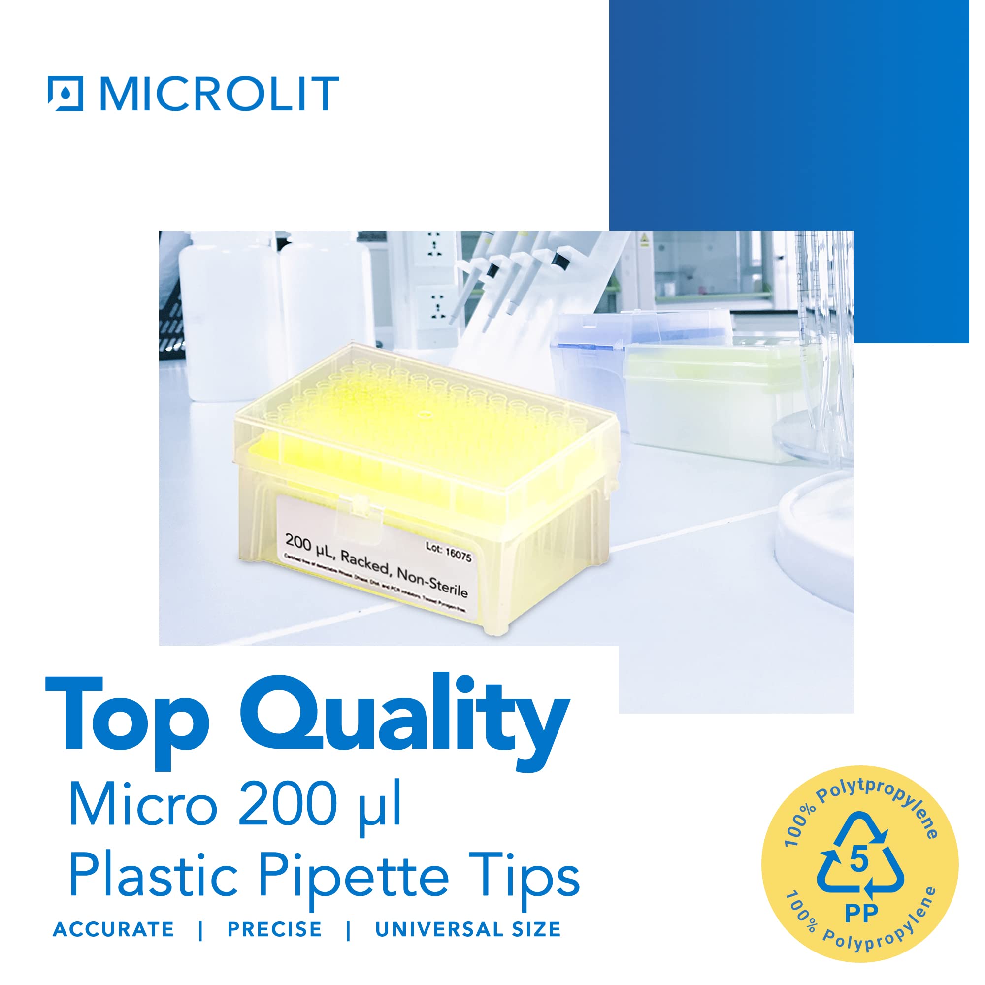 MICROLIT - Micropipette Pipette Tips, Low-Retention and Clean-Release Hydrophobic Transfer Pipettes, Universal Fit Nonpyrogenic 200 ul Plastic Pipette Tips, 960-Count, 1 Pack of 10 Racks