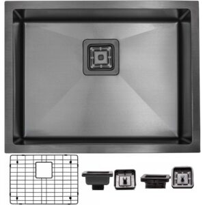 strictly sinks 23 inch undermount kitchen sink – black single bowl 16 gauge stainless steel bar prep kitchen sink stain resistant – with 1 square disposal adapter, 1 strainer drain & bottom grid