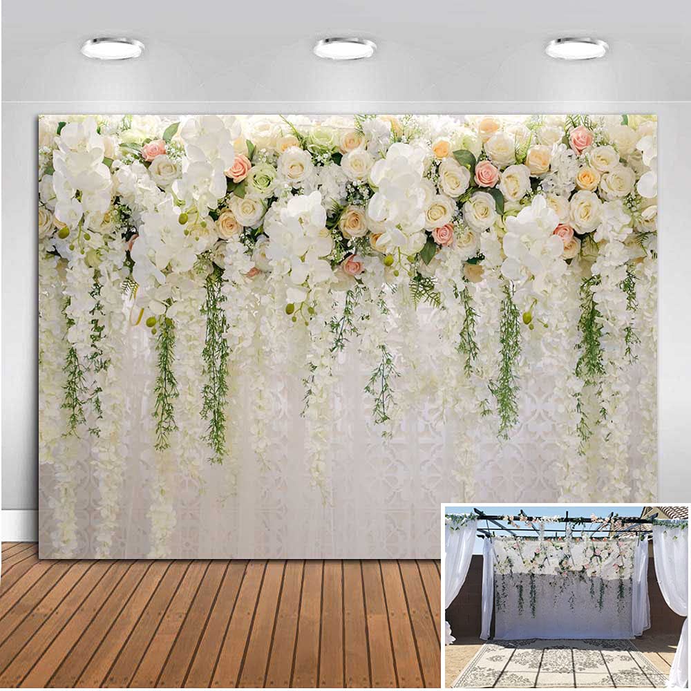 YQ 7x5ft White Rose Floral Photography Backdrops Bridal Shower Wedding Flowers Wall Decoration Photo Background Girl Woman Birthday Party Banner Baby Shower Cake Table Decor Studio Props Booth