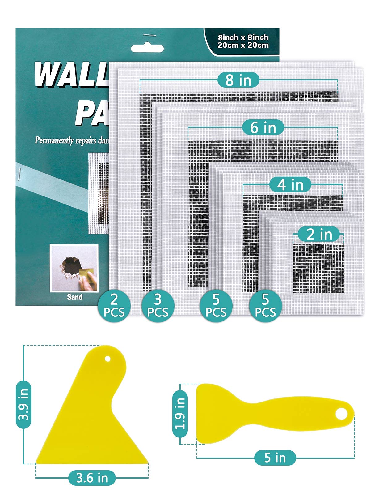 Seloom 15 Pcs Drywall Repair Kit, 2/4/6/8 Inch Self Adhesive Fiberglass Mesh Wall Repair Patches, Drywall Tools Wall Hole Quick Repair Aluminum Plate Repair Patch for Damaged Drywall Ceiling