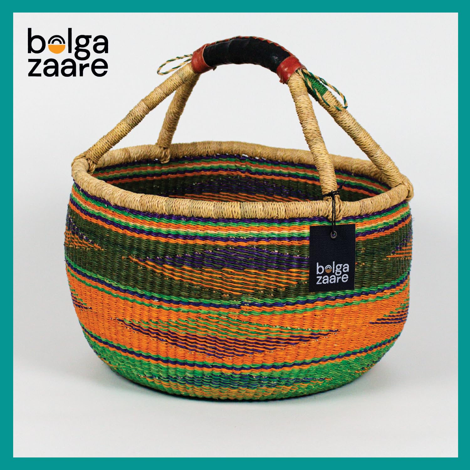 Bolga Zaare Market Basket, Handmade in Ghana Africa by Women Artisans (Colorful, Large) (16"-18" Diameter x 9"-10" H) (1 basket)