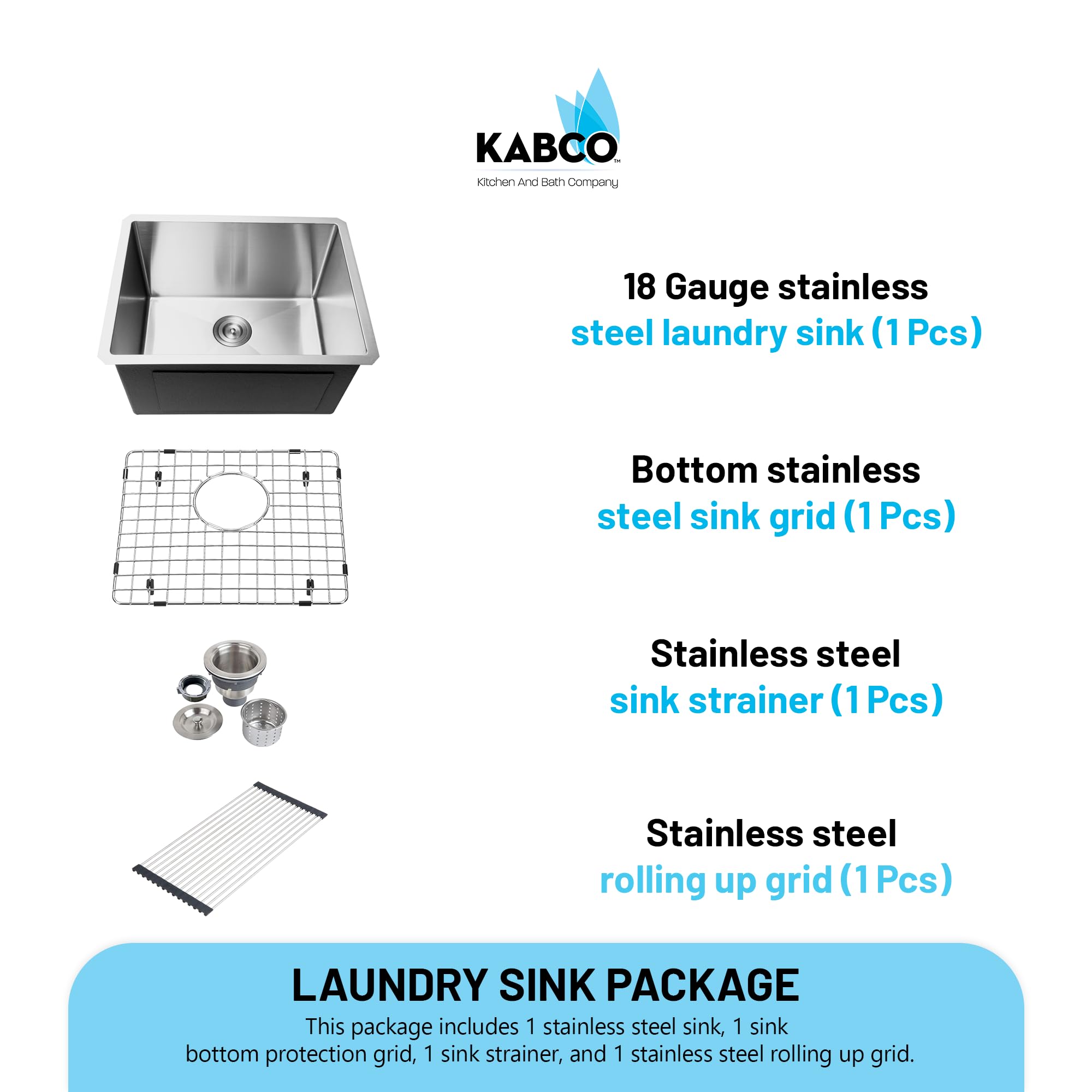 KABCO KLA23SSGR 18 Gauge Top-Undermount Drop In Laundry Utility Sink 23-Inch Stainless Steel Single Bowl with Strainer kit, Top Rolling Sink Rack & Bottom Sink Grid 4PC Combo Package- 23x18x12 Inch