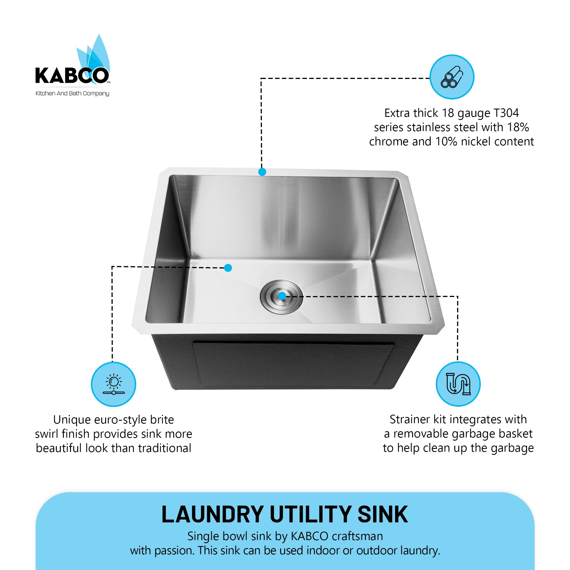 KABCO KLA23SSGR 18 Gauge Top-Undermount Drop In Laundry Utility Sink 23-Inch Stainless Steel Single Bowl with Strainer kit, Top Rolling Sink Rack & Bottom Sink Grid 4PC Combo Package- 23x18x12 Inch